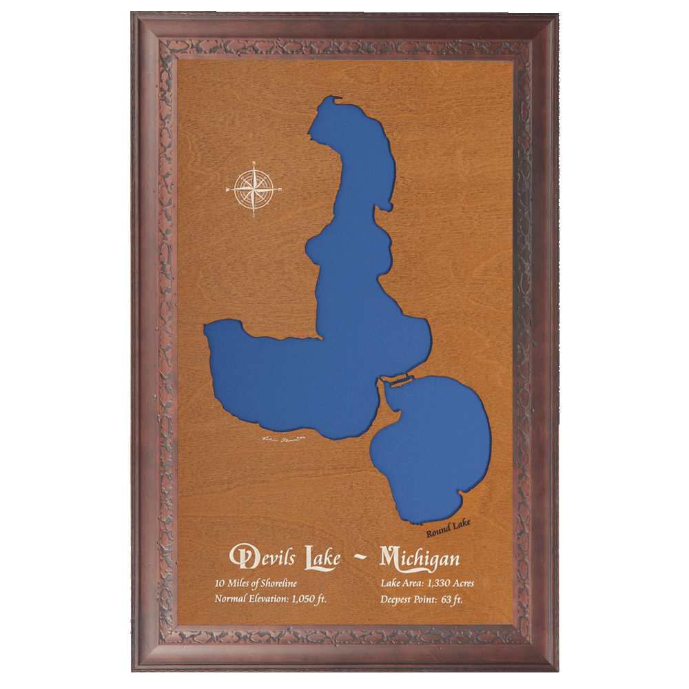 Devils Lake, Michigan Stained Wood and Dark Walnut Frame Lake Map Silh ...