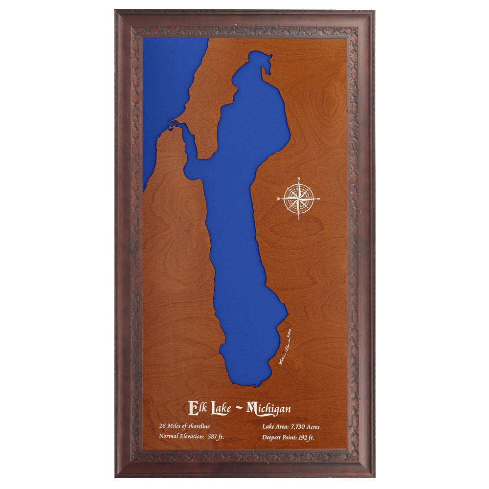 Elk Lake, Michigan Stained Wood and Dark Walnut Frame Lake Map Silhoue ...