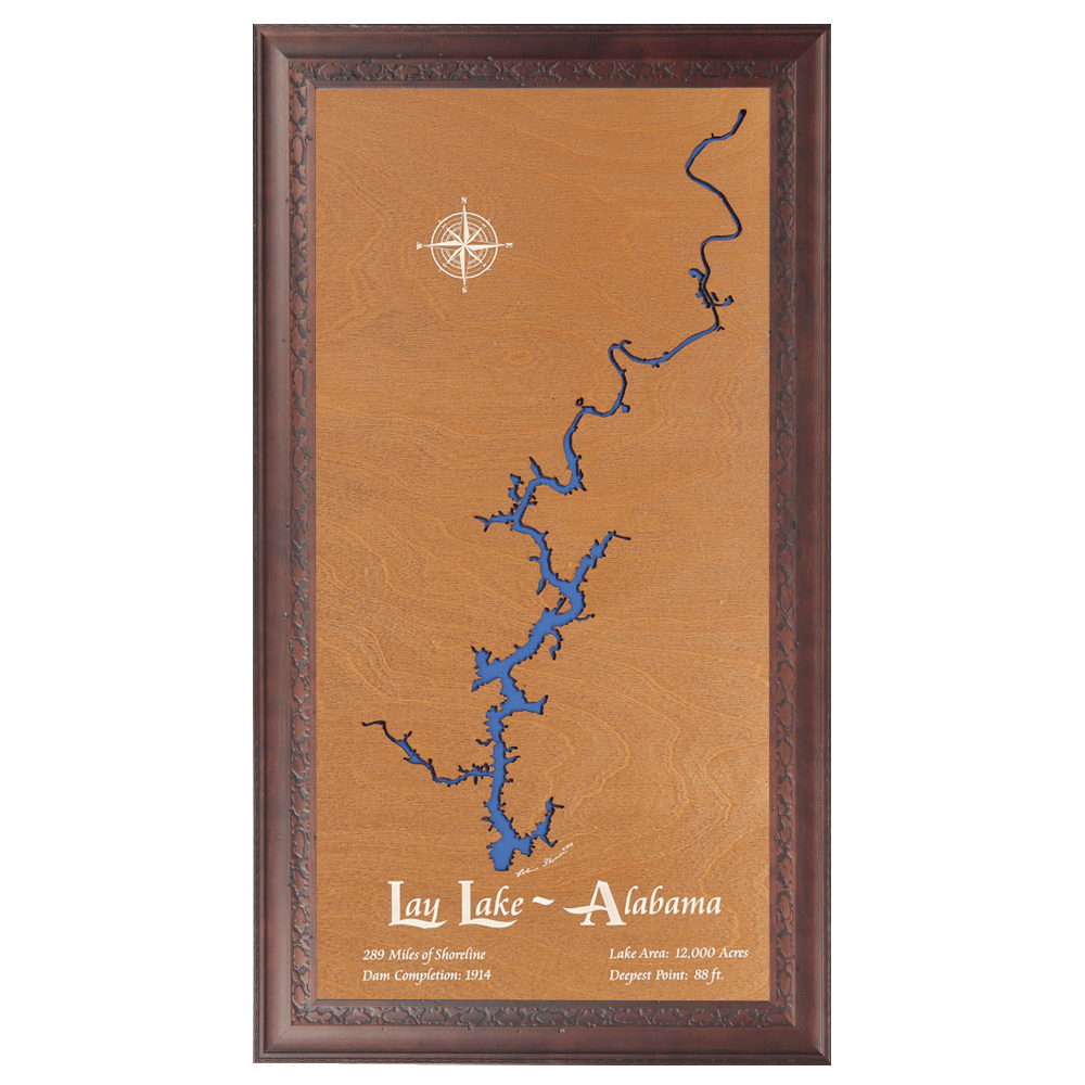 Lay Lake, Alabama Stained Wood and Dark Walnut Frame Lake Map Silhouet ...