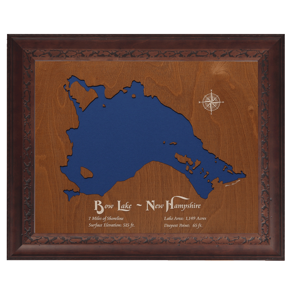 Bow Lake, New Hampshire Stained Wood and Dark Walnut Frame Lake Map Si ...