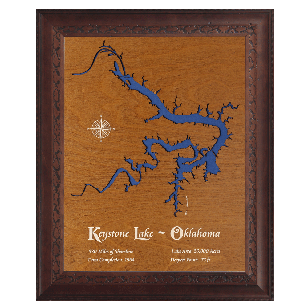 Keystone Lake, Oklahoma Stained Wood and Dark Walnut Frame Lake Map Si ...