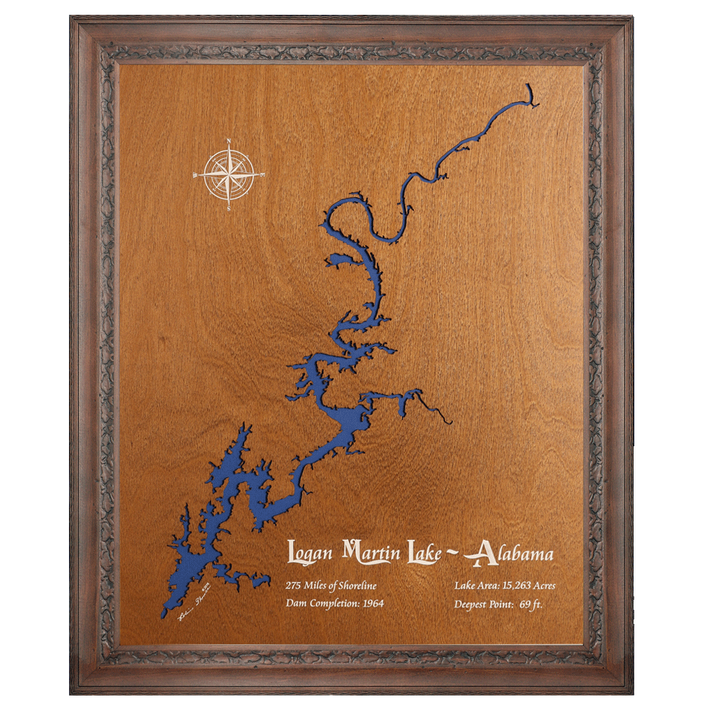 Logan Martin Lake, Alabama Stained Wood and Dark Walnut Frame Lake Map ...