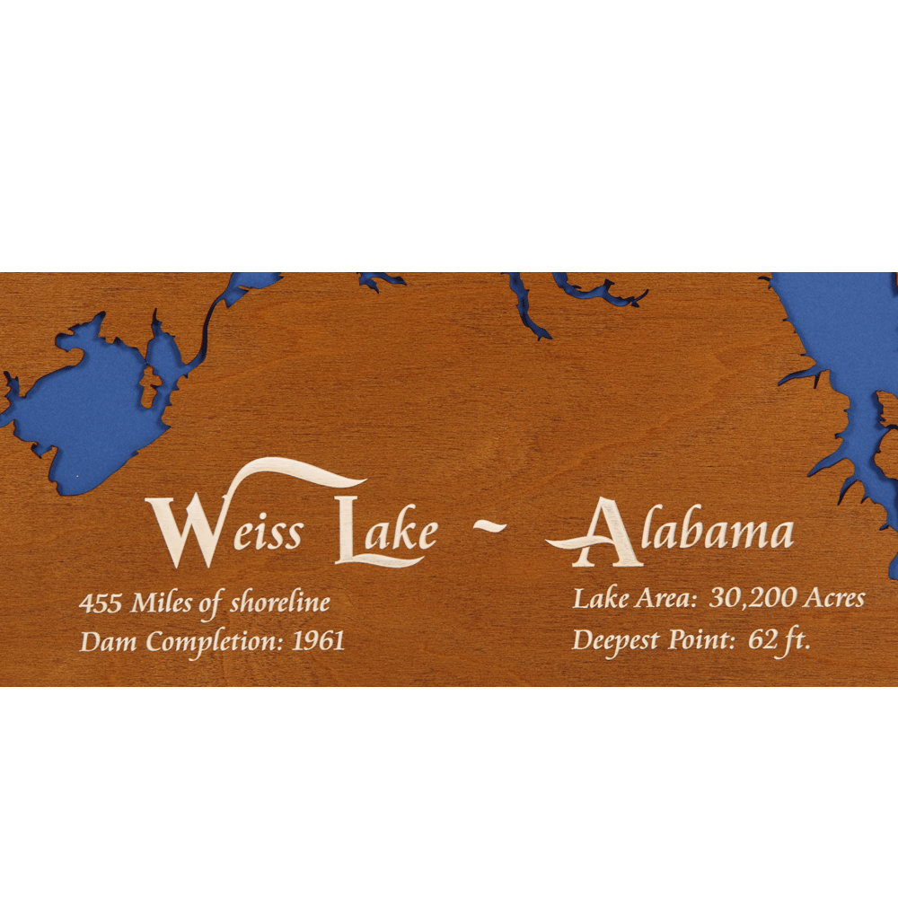 Weiss Lake, Alabama Stained Wood and Dark Walnut Frame Lake Map Silhou ...