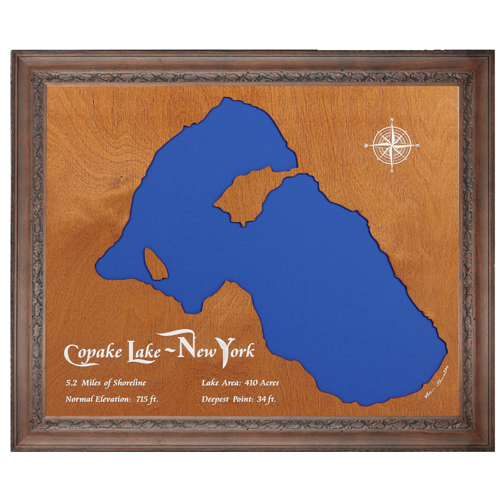 Copake Lake, New York Stained Wood and Dark Walnut Frame Lake Map Silh ...