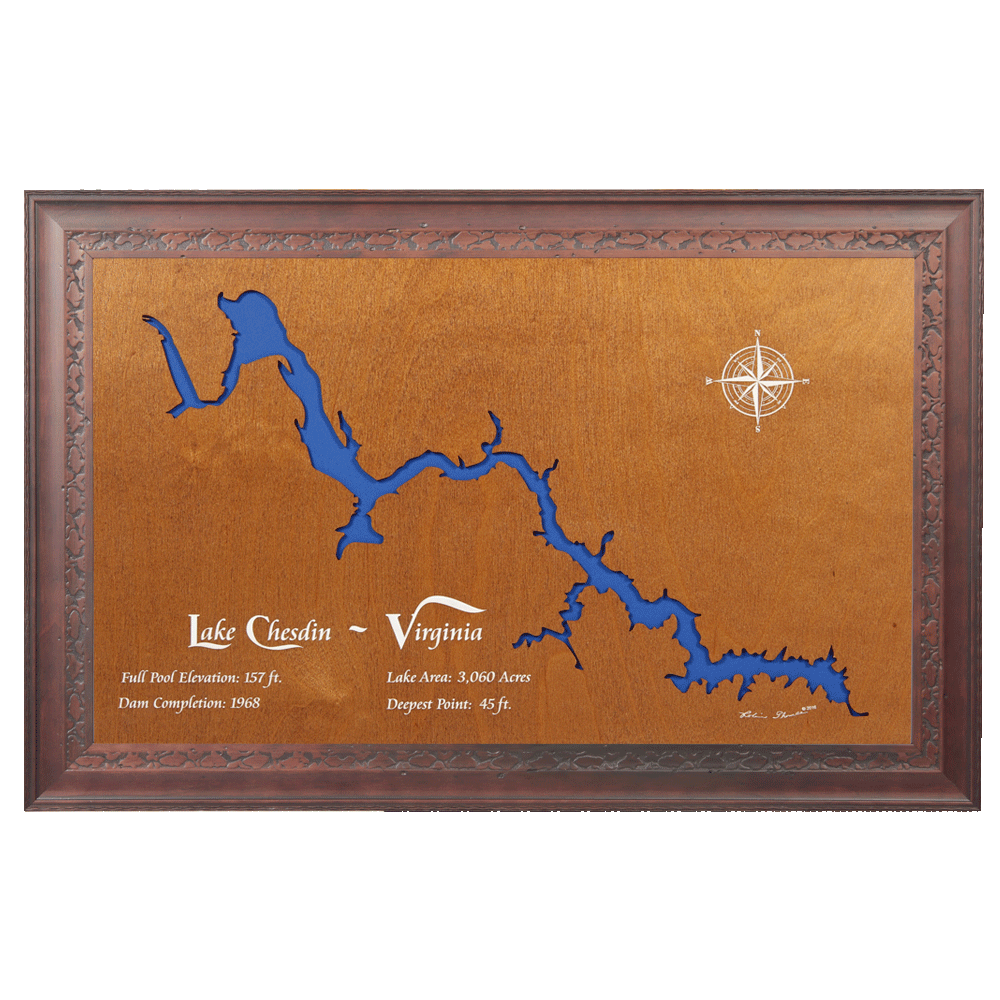 Lake Chesdin, Virginia Stained Wood and Dark Walnut Frame Lake Map Sil ...