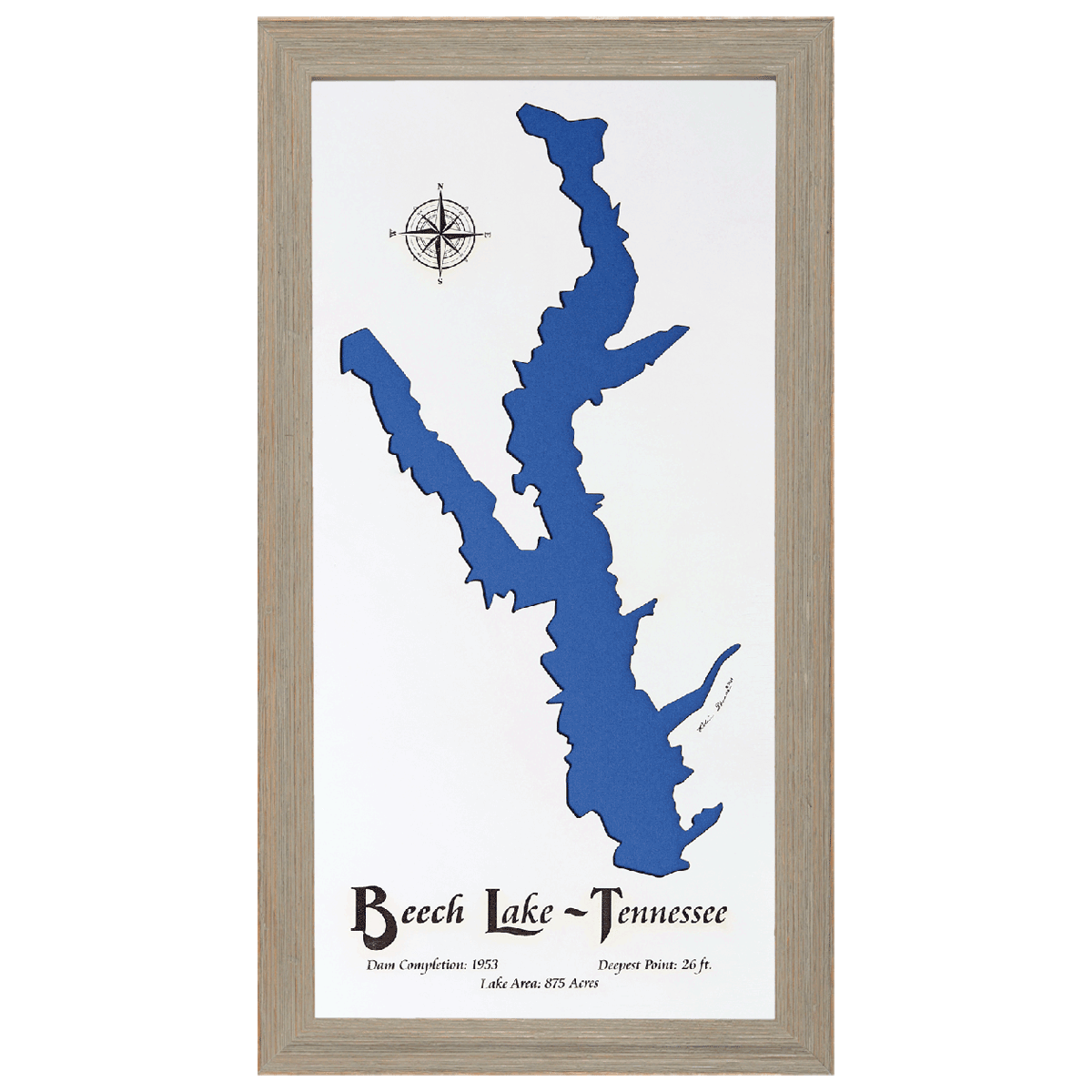 Beech Lake, Tennessee White Washed Wood and Rustic Gray Frame Lake Map ...