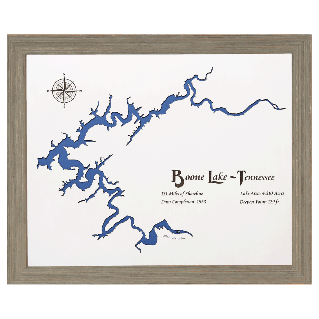 Boone Lake, Tennessee White Washed Wood and Rustic Gray Frame Lake Map ...