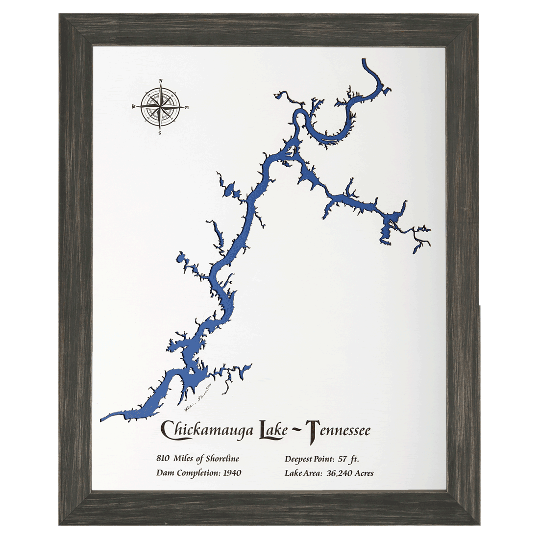 Chickamauga Lake, Tennessee White Washed Wood and Distressed Black Fra ...