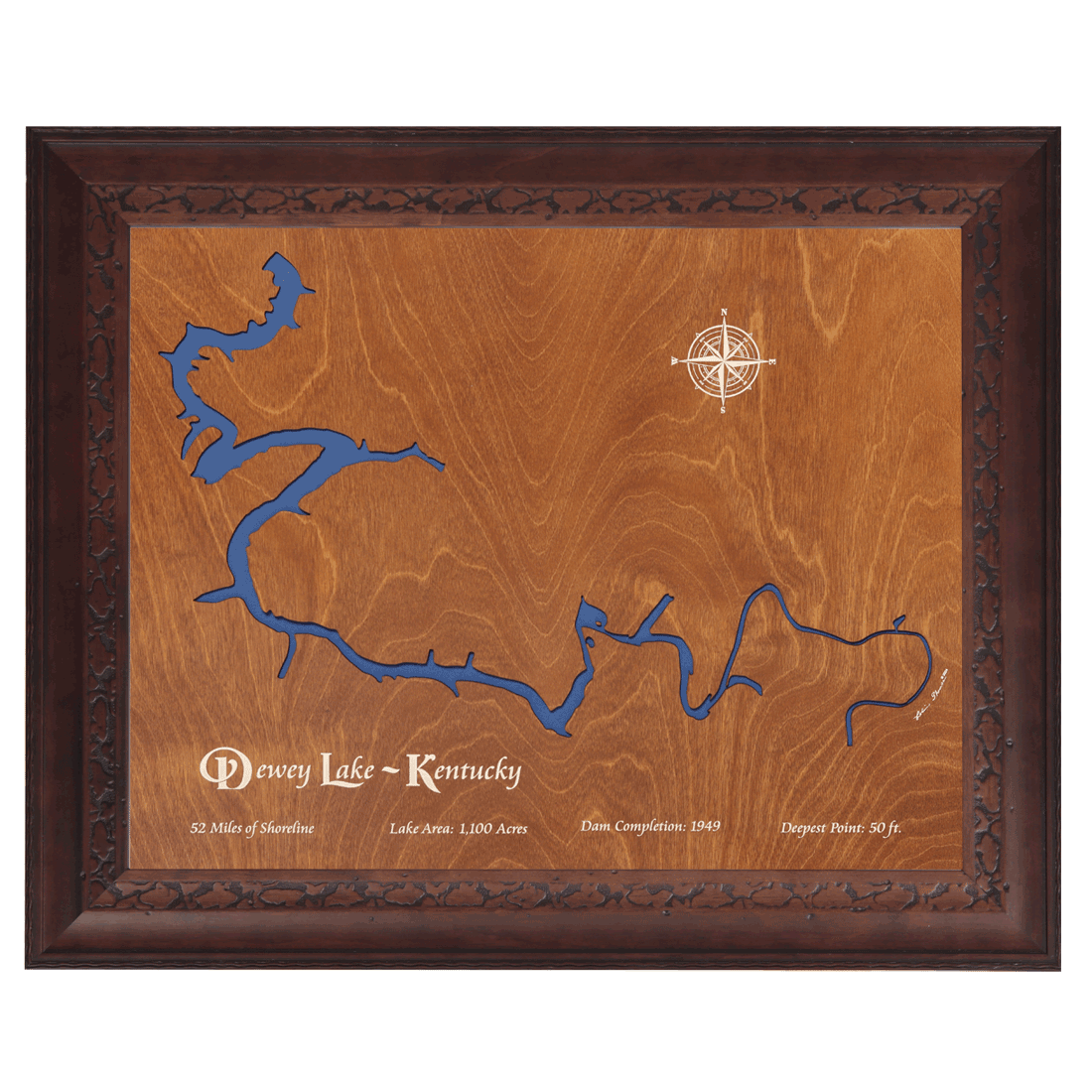 Dewey Lake, Kentucky Stained Wood and Dark Walnut Frame Lake Map Silho ...