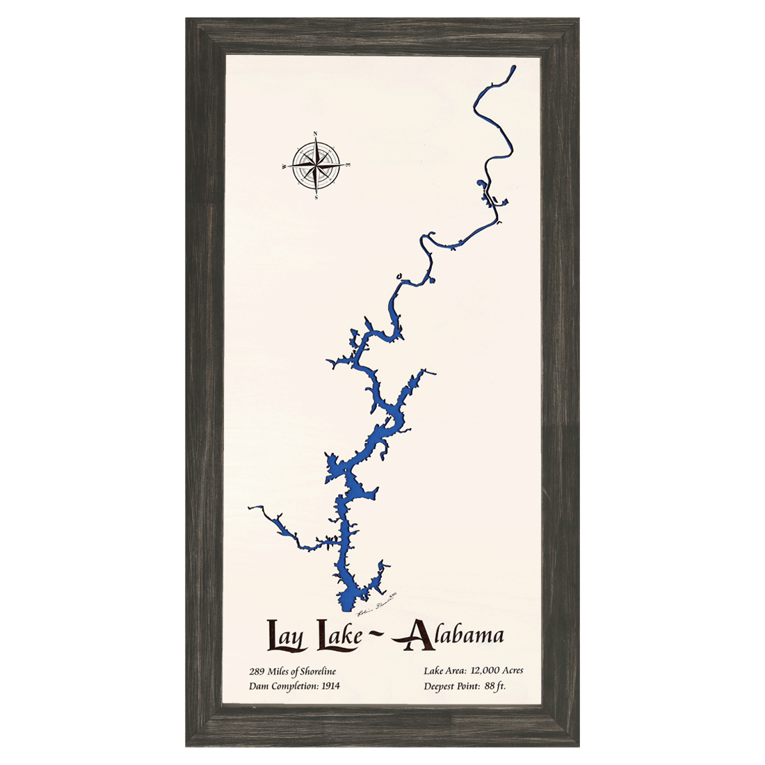 Lay Lake, Alabama White Washed Wood and Distressed Black Frame Lake Ma ...