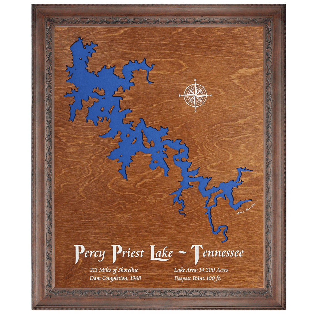 Percy Priest Lake, Tennessee Stained Wood and Dark Walnut Frame Lake M ...