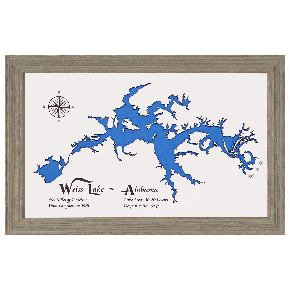 Weiss Lake, Alabama White Washed Wood and Rustic Gray Frame Lake Map S ...