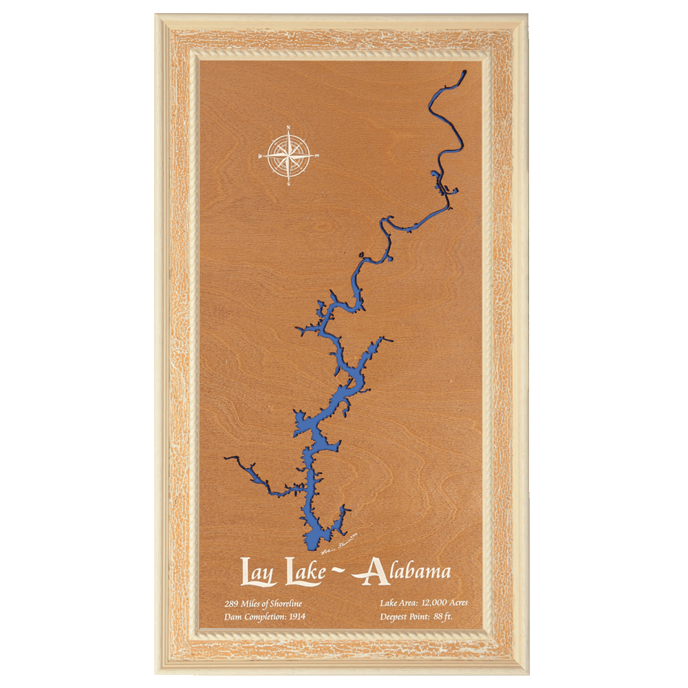 Lay Lake, Alabama Stained Wood and Distressed White Frame Lake Map Sil ...