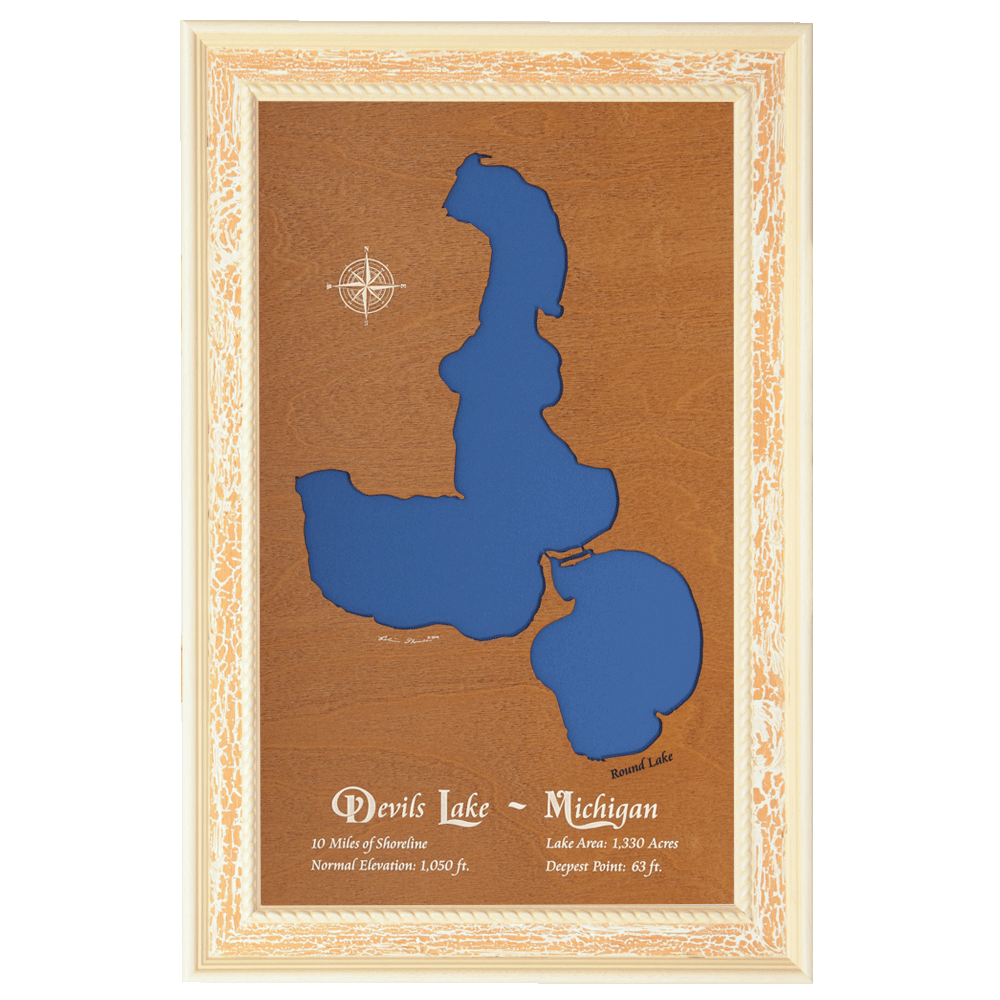 Devils Lake, Michigan Stained Wood and Distressed White Frame Lake Map ...