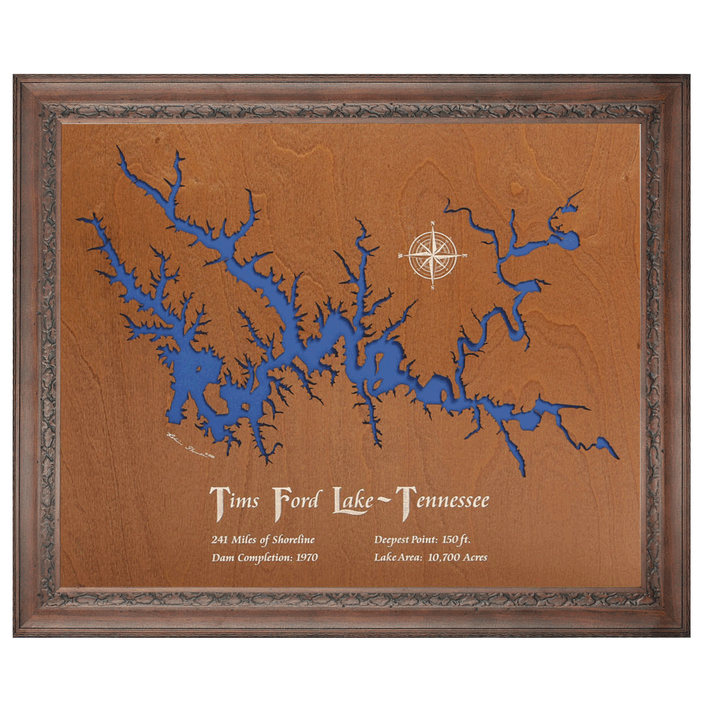 Tims Ford Lake, Tennessee Stained Wood and Dark Walnut Frame Lake Map ...